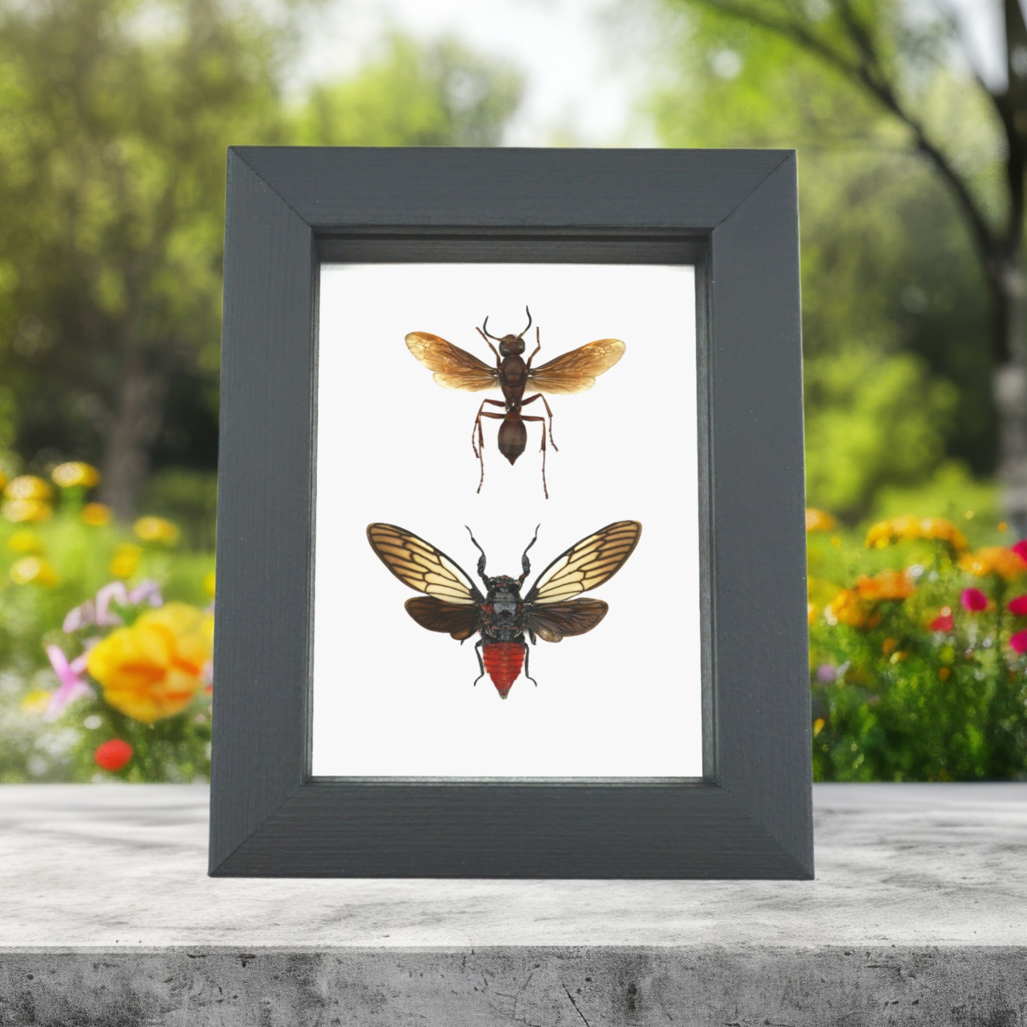 Paper Wasp Red Devil Cicada Set - Framed Insect Taxidermy