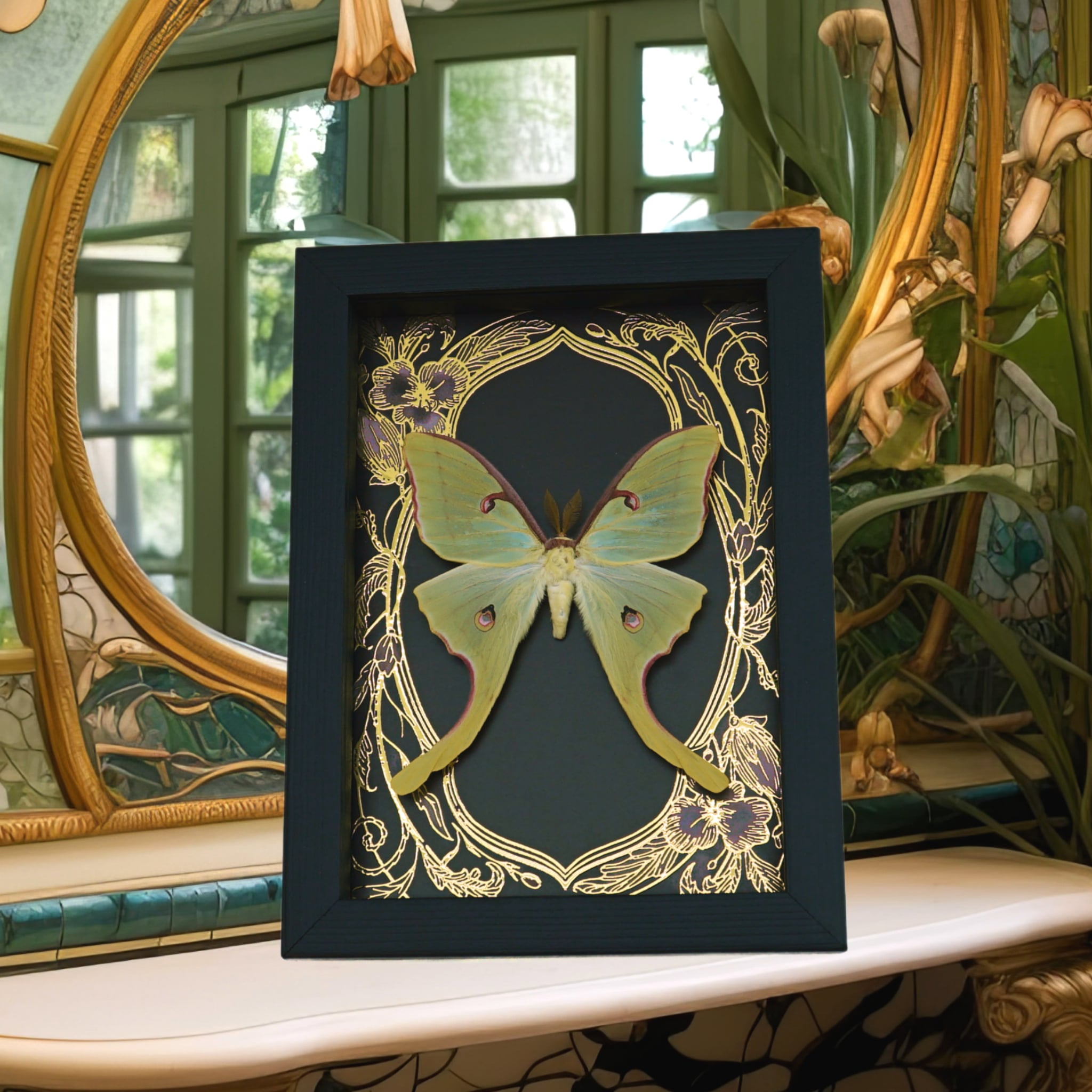 Real Luna Moth Framed Taxidermy - Gold Foil Art Nouveau