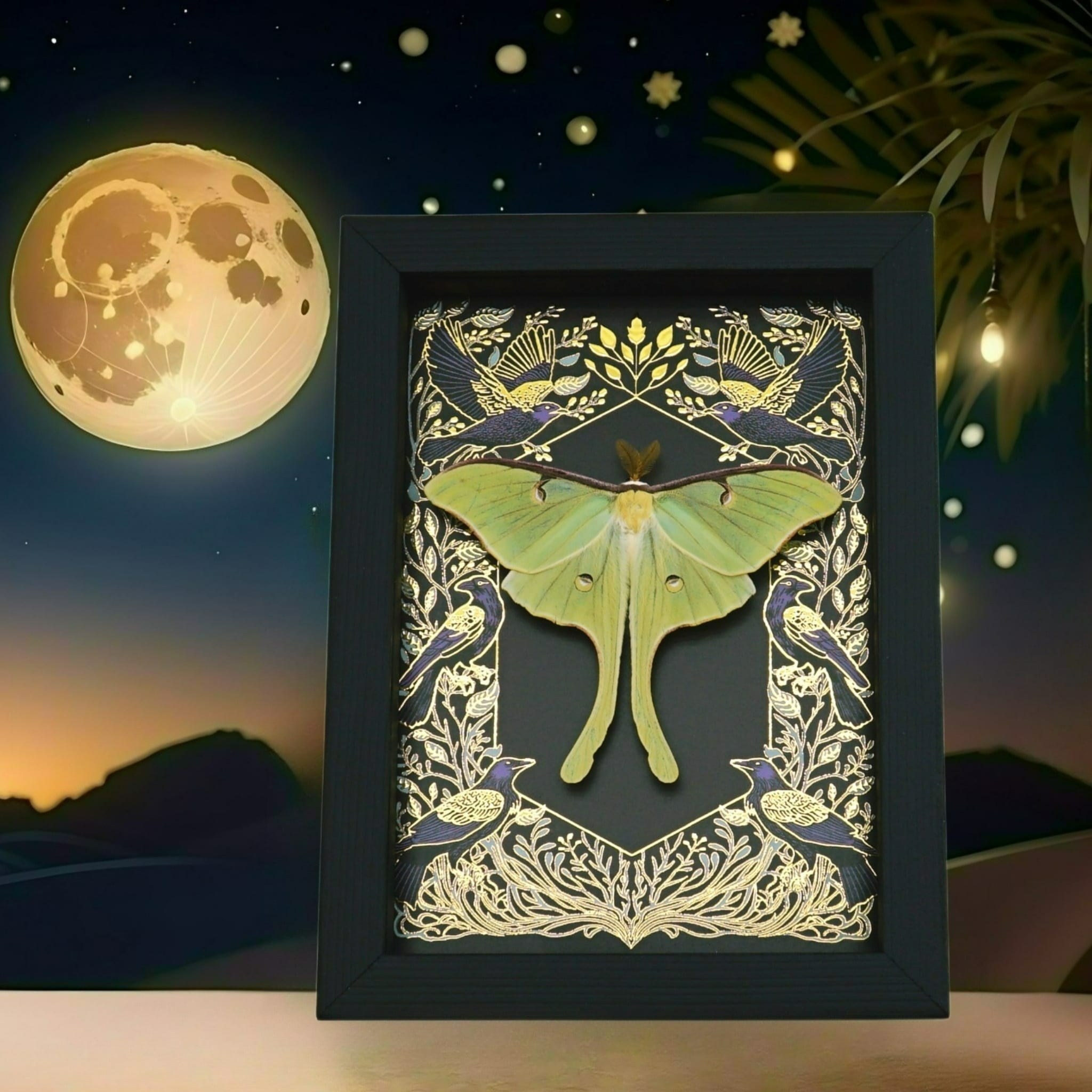Luna Moth Gold Foil Gothic Ravens - Real Framed Actias luna